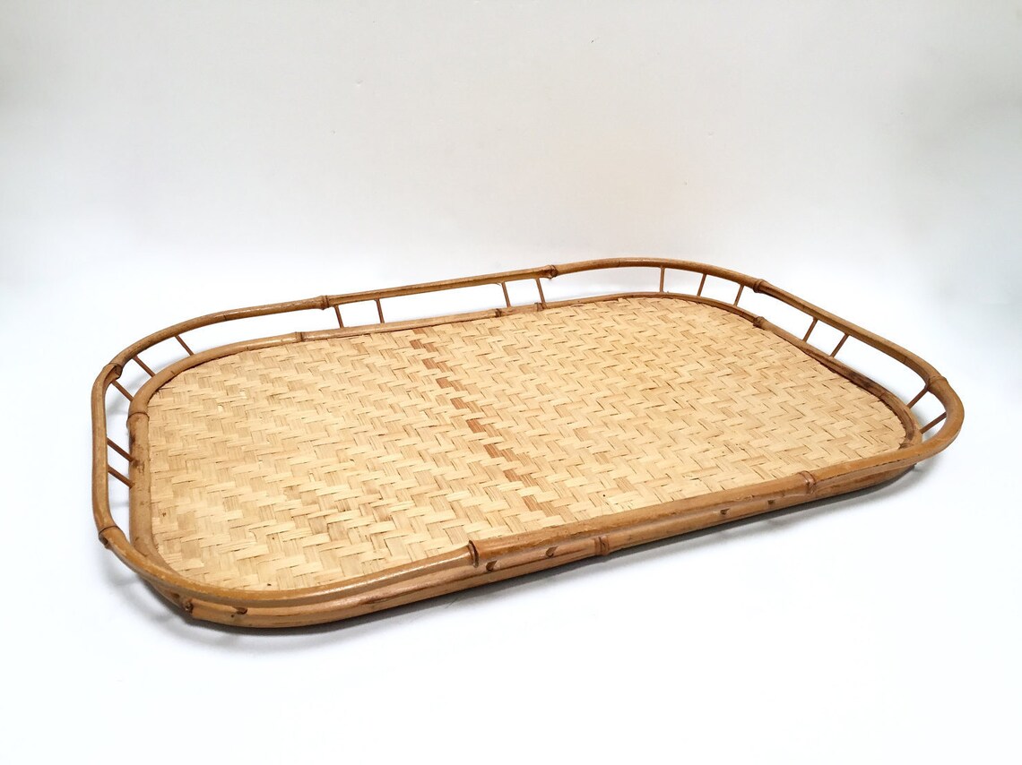 Vintage Woven Bamboo Trays Set of 4 Wicker Rattan Trays Vanity Tray ...