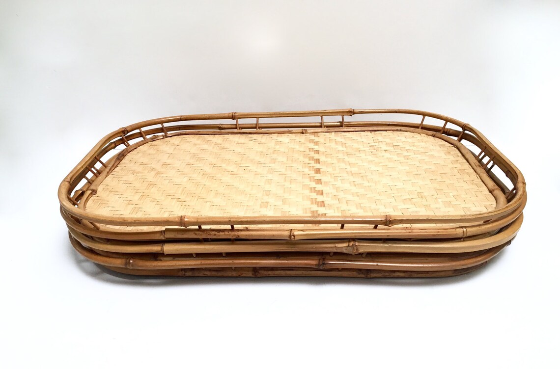 Vintage Woven Bamboo Trays Set of 4 Wicker Rattan Trays Vanity Tray ...