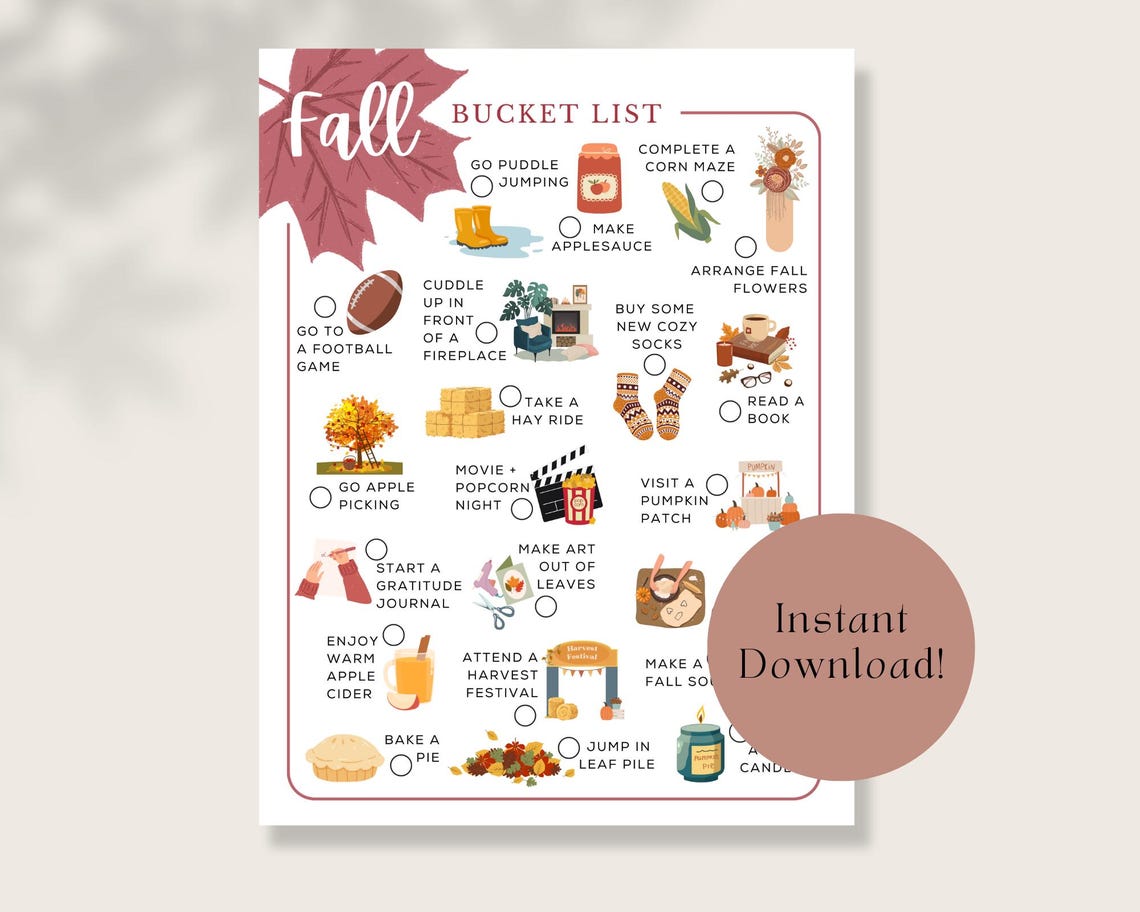 Fall Bucket List Printable, Autumn Bucket List, Bucket List, Fall ...