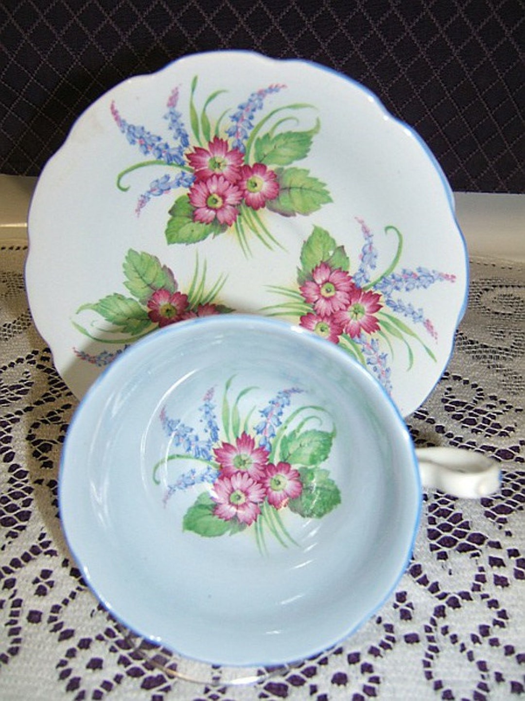 Spencer Stevenson Bone China Cup & Saucerblue With Pink Flowersmade in ...
