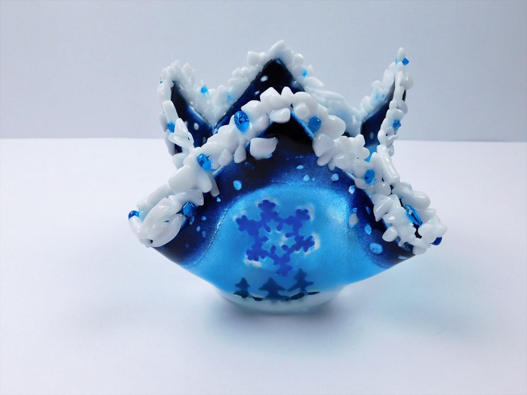 Winter Holidays Candle Holder. Blue and White Fused Glass. Original ...