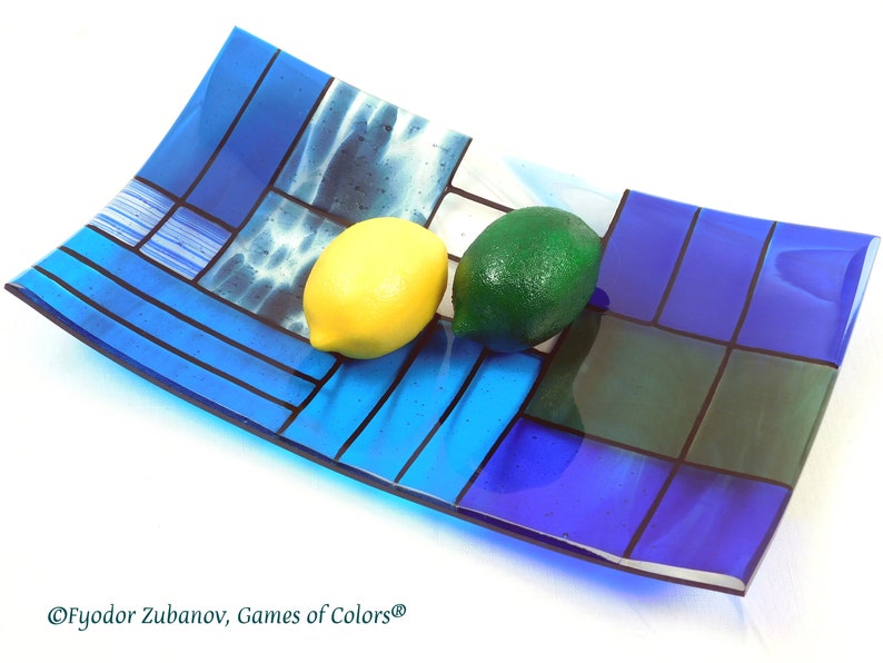 Fused Glass Plate "a Gentle Color Mix - Blues": Geometric Design, Food ...