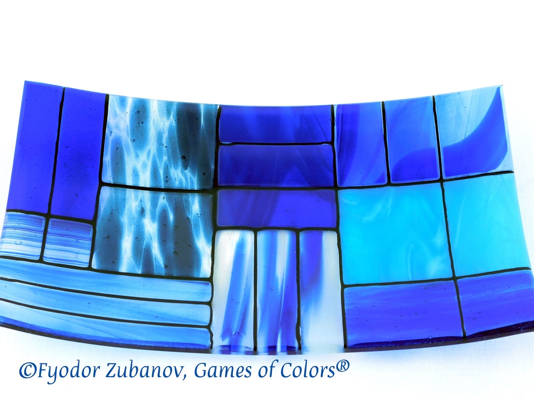 A Rectangular Fused Glass Plate "a Gentle Color Mix - Blues";decorative ...