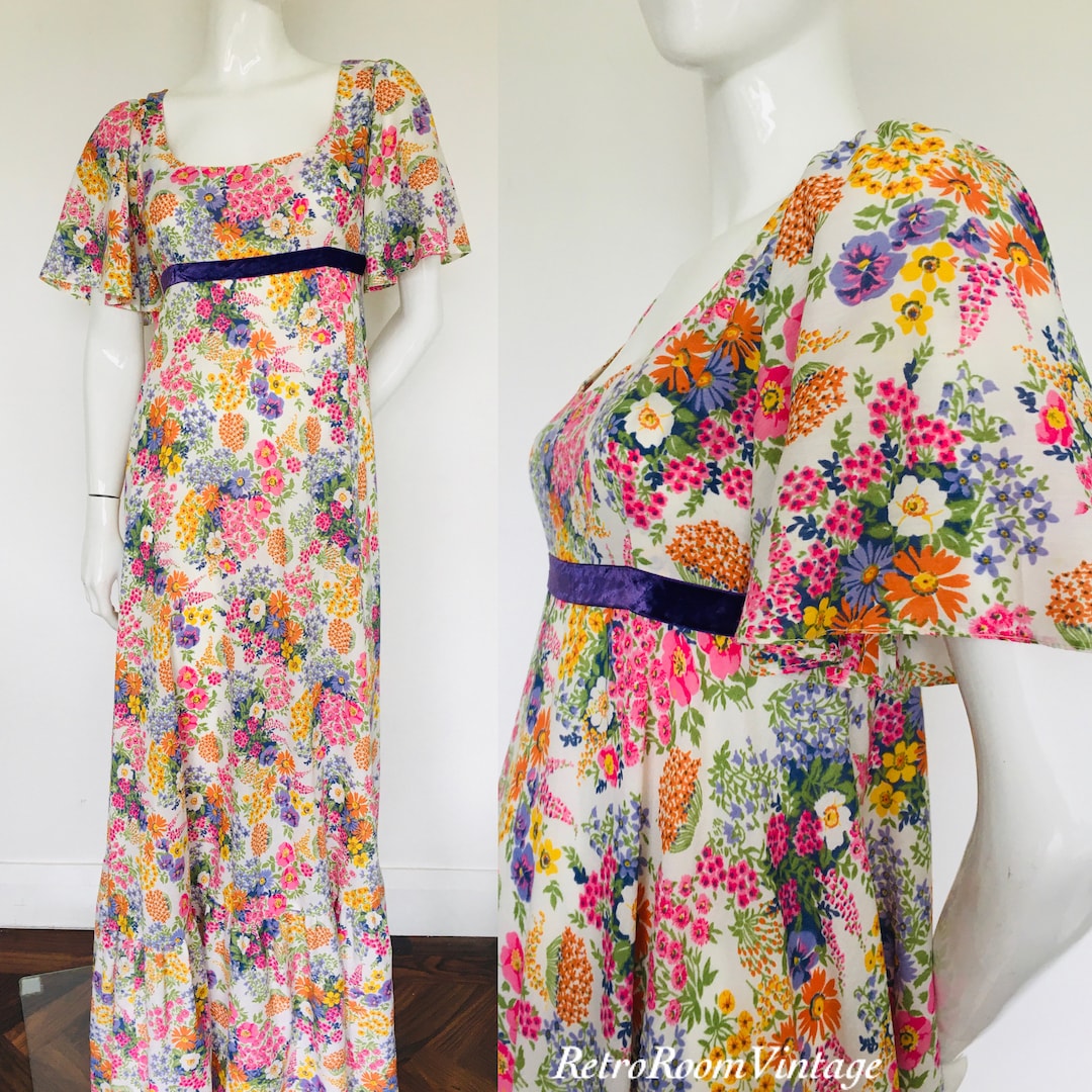 1960s 1970s Quad Printed Maxi Dress Uk Size 10 - Etsy