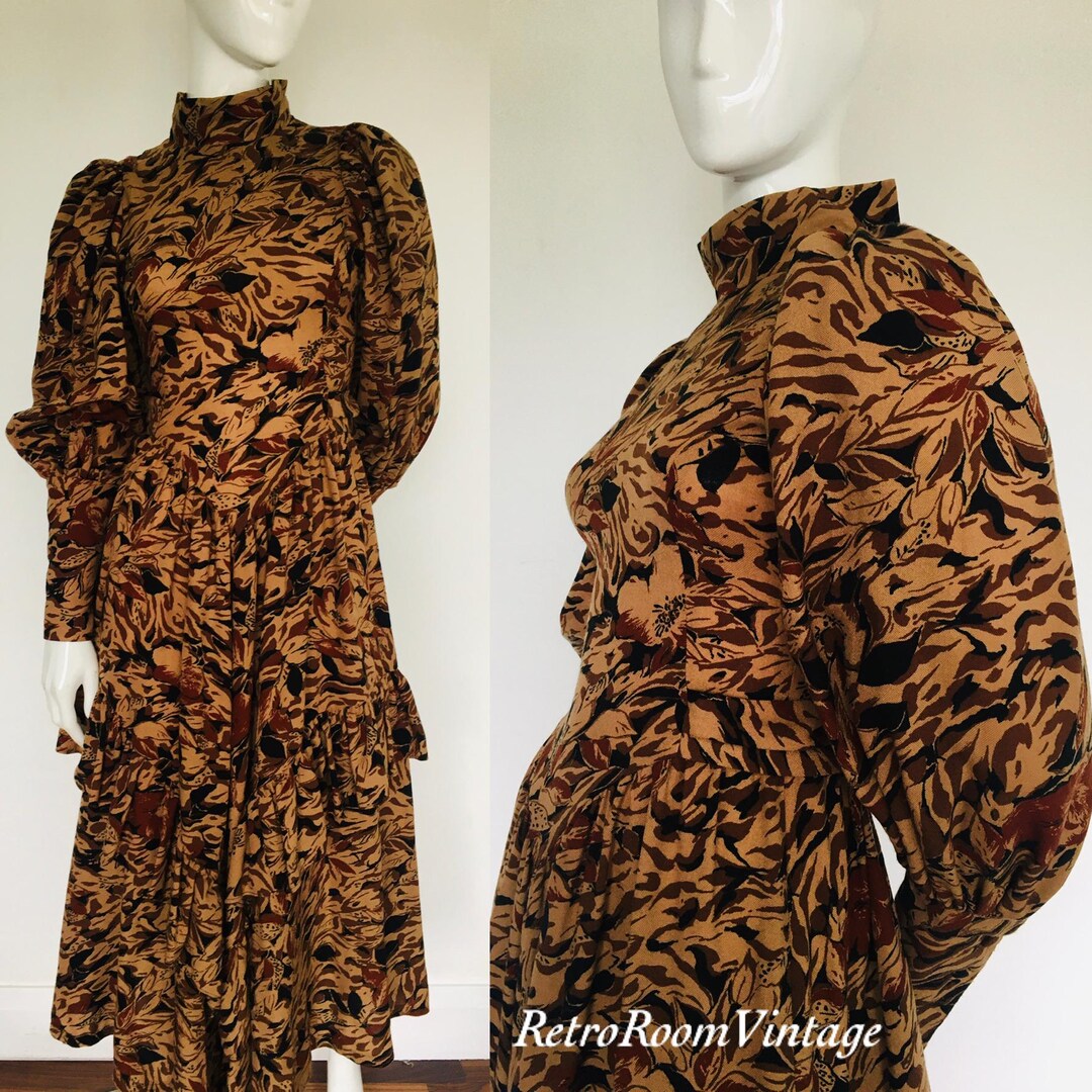 Amazing 1970s 1980s Droopy & Brown Woollen Printed Dress Size Uk 6 - Etsy
