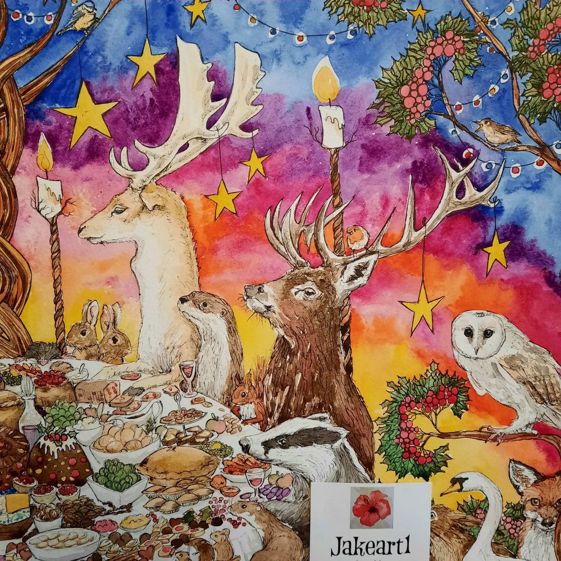 Midwinter feast wildlife original fantasy art print home decor | Etsy