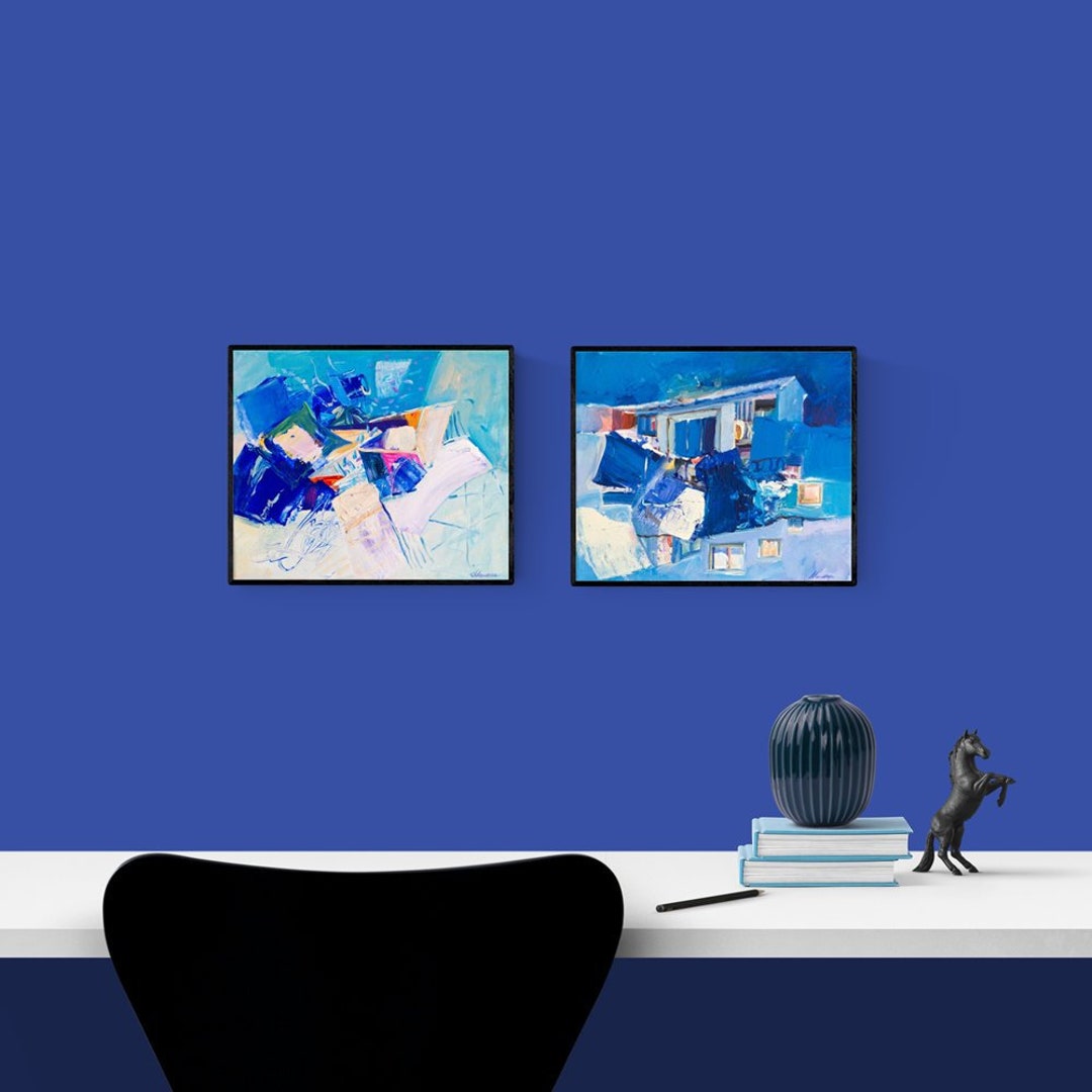 Set of 2 Original Small Abstract Paintings, Blue Square Acrylic ...