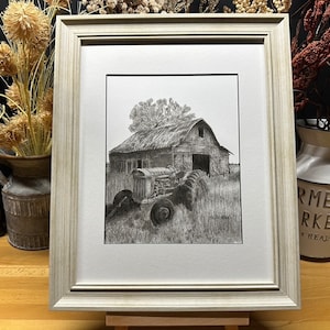 Old Tractor Barn Farm Ranch Farming Graphite Pencil Art Sketch Drawing ...