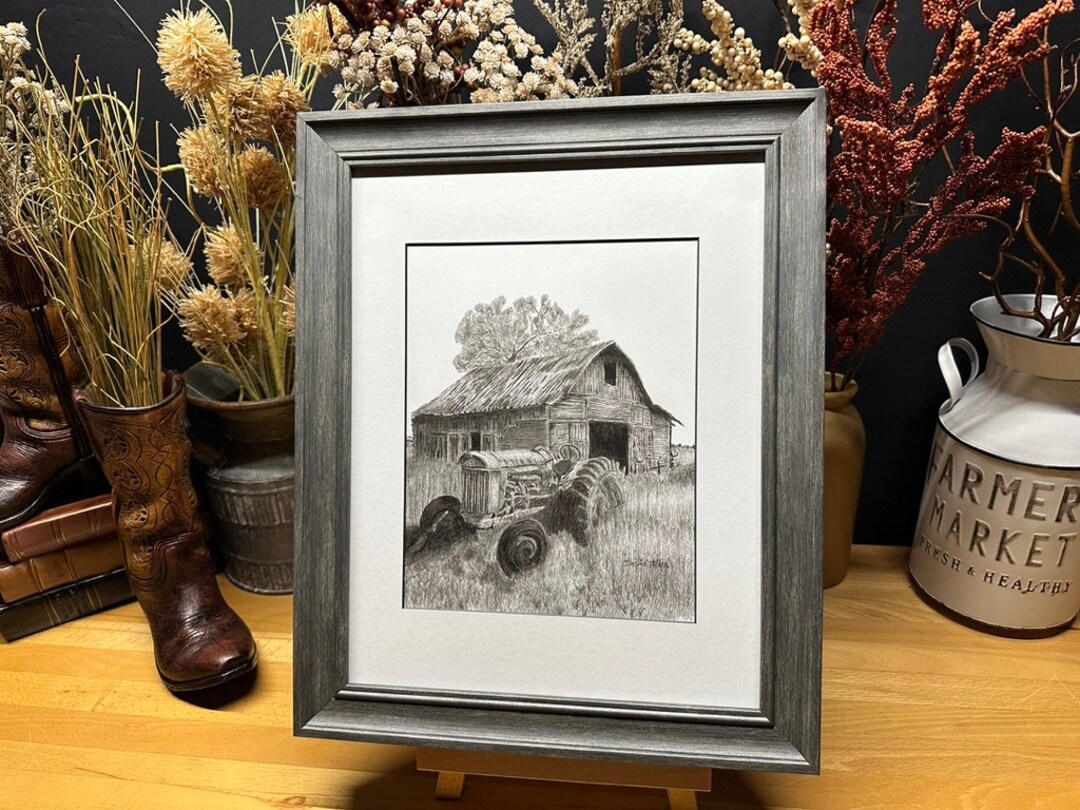 Old Tractor Barn Farm Ranch Farming Graphite Pencil Art Sketch Drawing ...