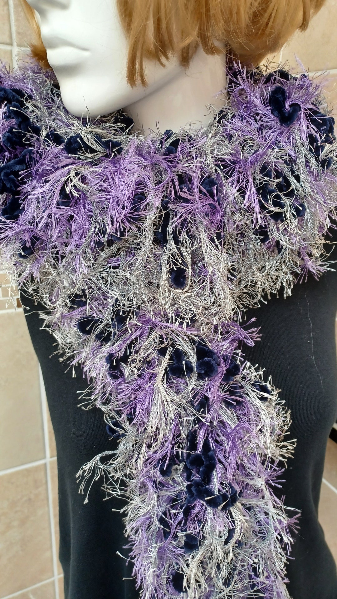 Navy and Purple Hand Woven Boa Scarf With Velvet Yarn and Grey Eyelash ...