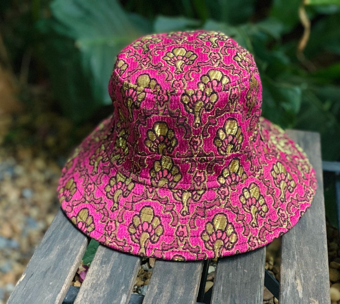 Peacock Pink Gold Metallic Bucket Hat Boho Bohemian Lux Colorful Style ...