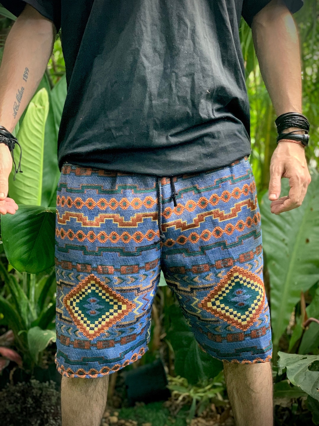 Blue Hippie Boho Festival Shorts Outfit Men Ikat Tribal Hippie Style ...