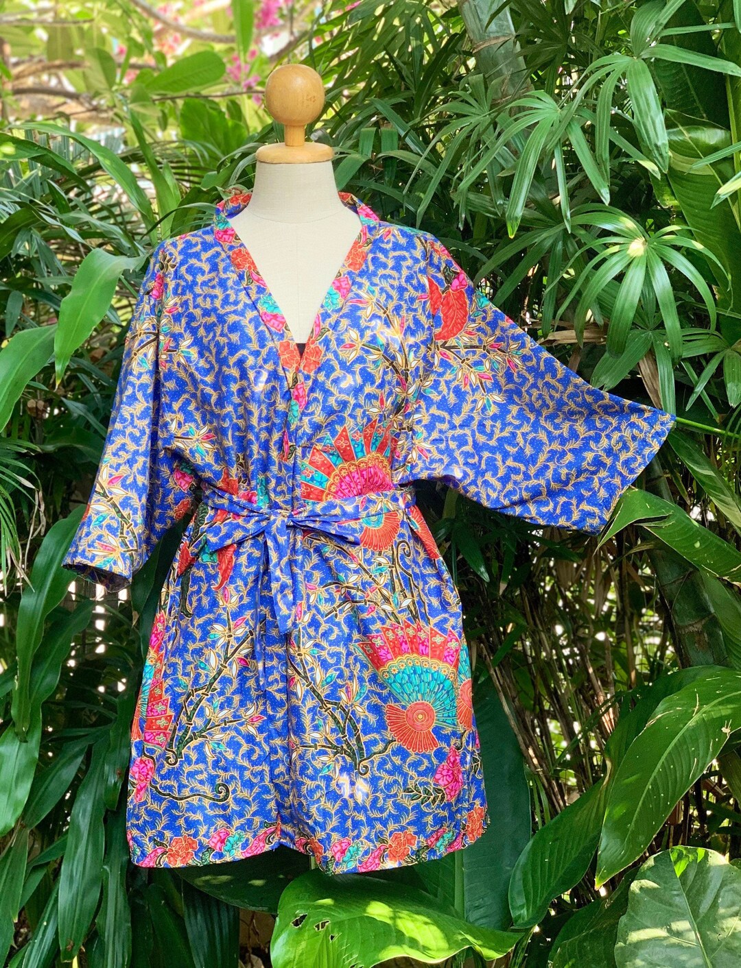 Blue Floral Batik Rope Unisex Kimono Dress Bali Cardigan Boho Resort ...