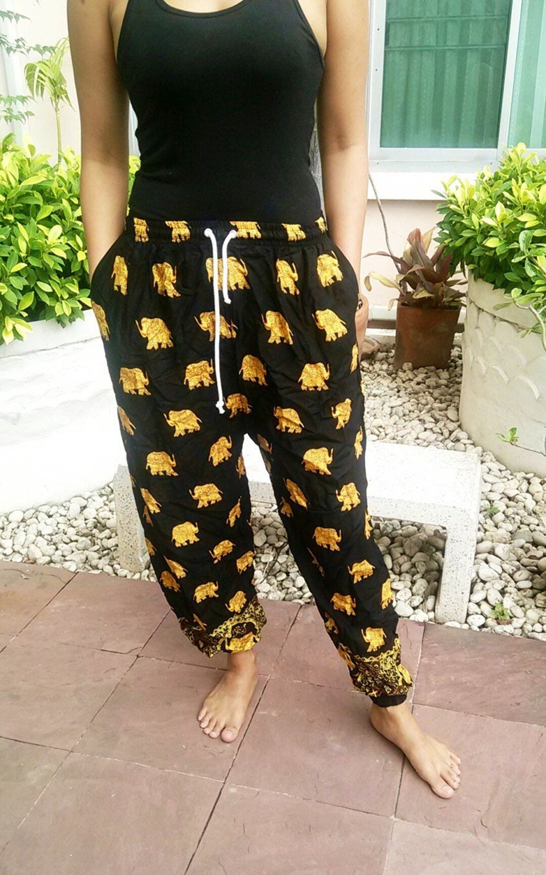 Black Elephants Printed Yoga Pants Hippie Baggy Boho Gypsy Pantalon ...