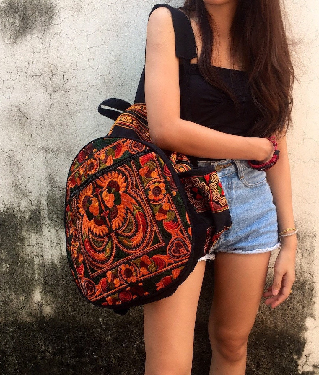 Embroidered Backpack Tribal Bohemian Hippie Retro Hmong Flower Fabric ...