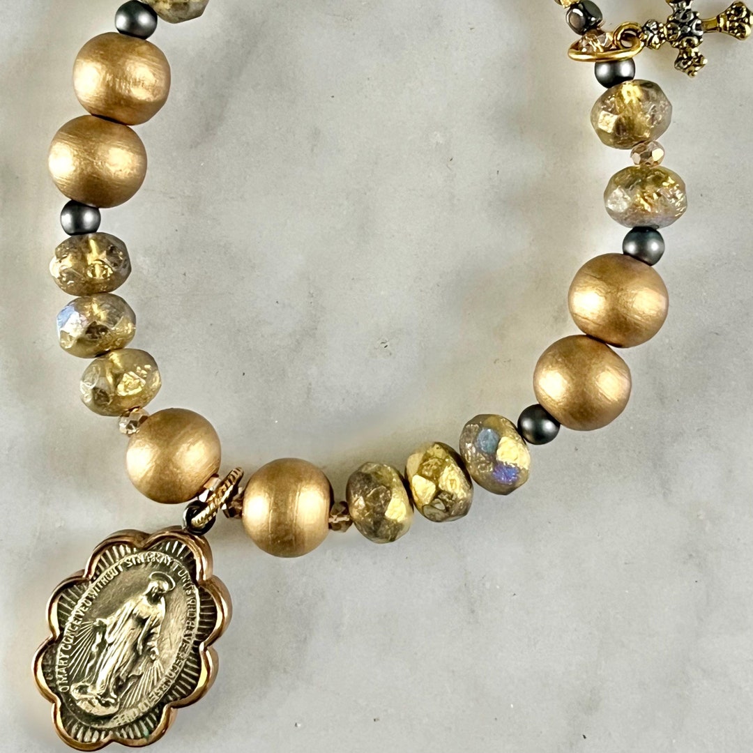 Virgin Mary Gold Beaded Bracelet Catholic Jewelry - Etsy