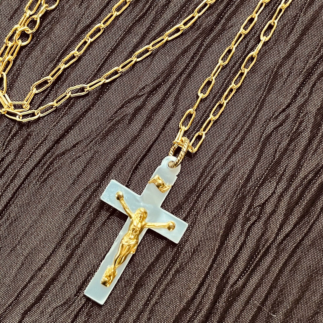 Vintage French Bakelite Crucifix Charm Necklace Gold and White - Etsy