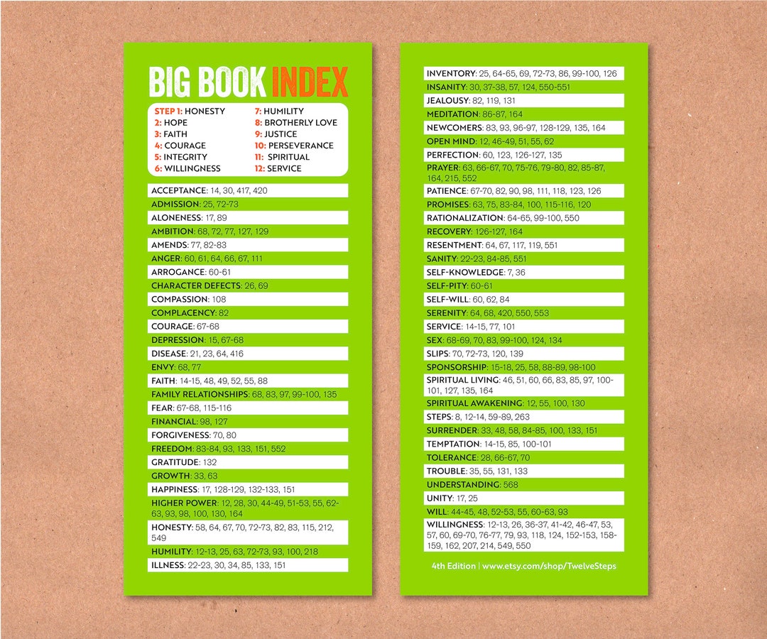 Bookmark Big Book Index Glossary of 12 Steps - Etsy