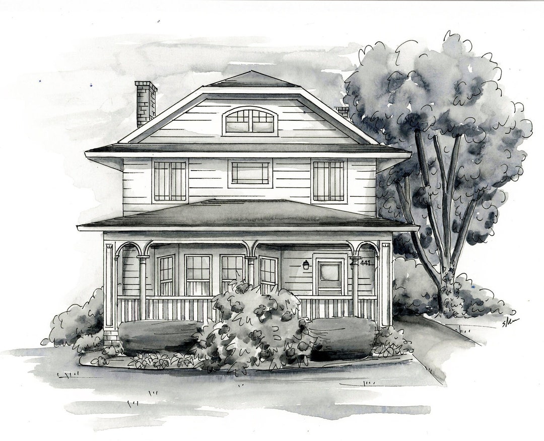 Charcoal House Drawing, Black and White House Portrait, House Sketch ...
