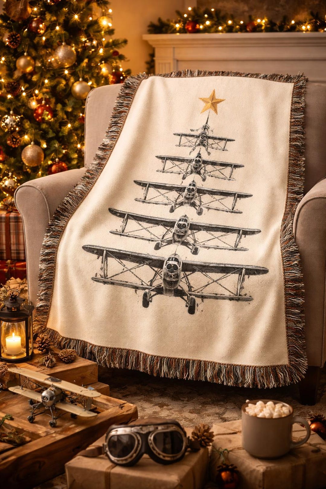 Vintage Biplane Tree Woven Blanket | Aircraft Christmas Tree Holiday ...