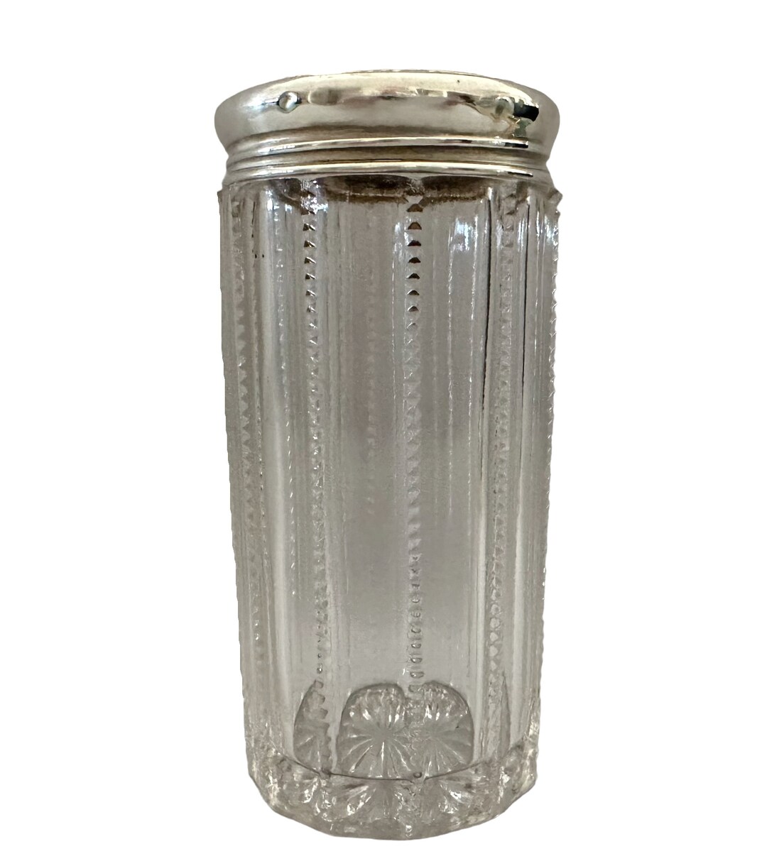 Antique 4 1/2" Tall Sterling & Glass Zipper Pattern Dresser Vanity Talc ...