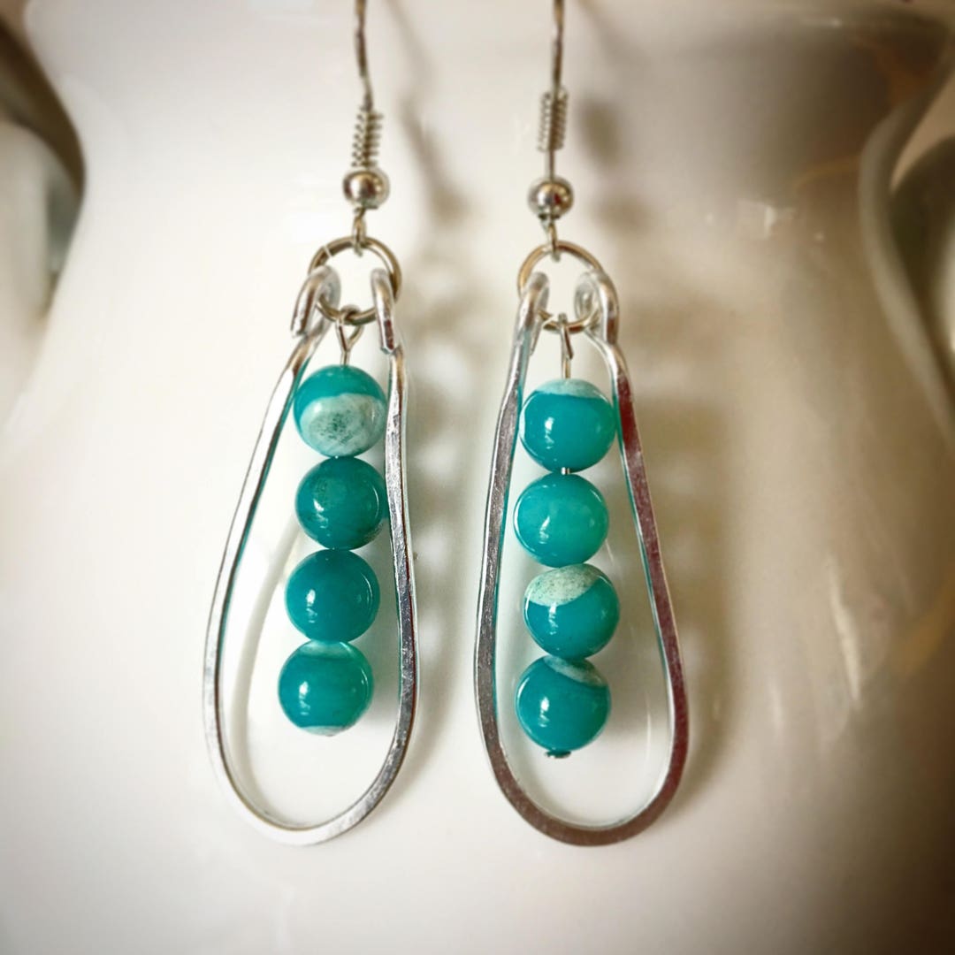 Beaded Wire Earrings, Hammered Wire Bead Earrings, Cat Eye Bead ...