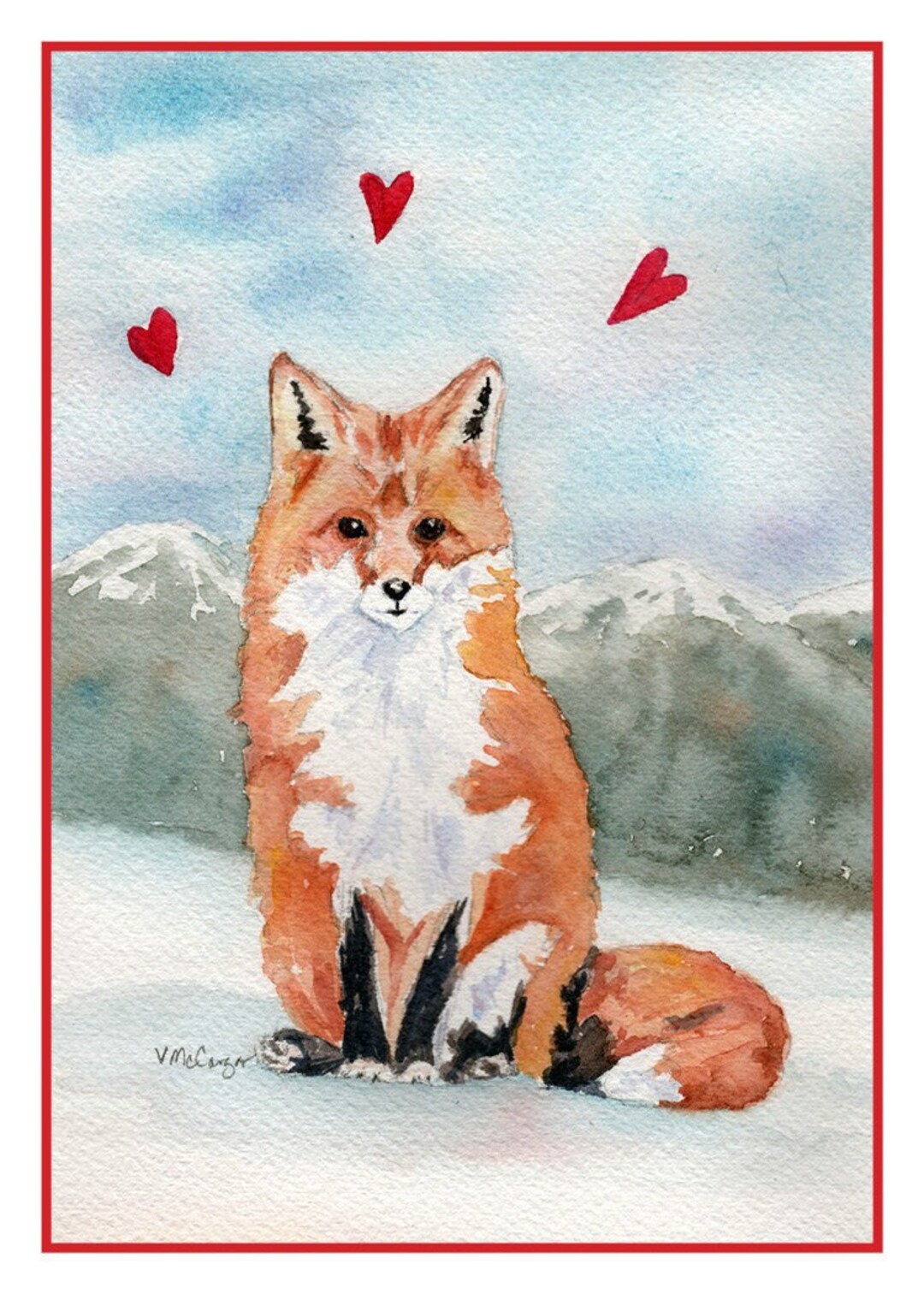 Valentine's Day Fox Card. Fox, Hearts, and Mountains. Set of 4. Inside ...
