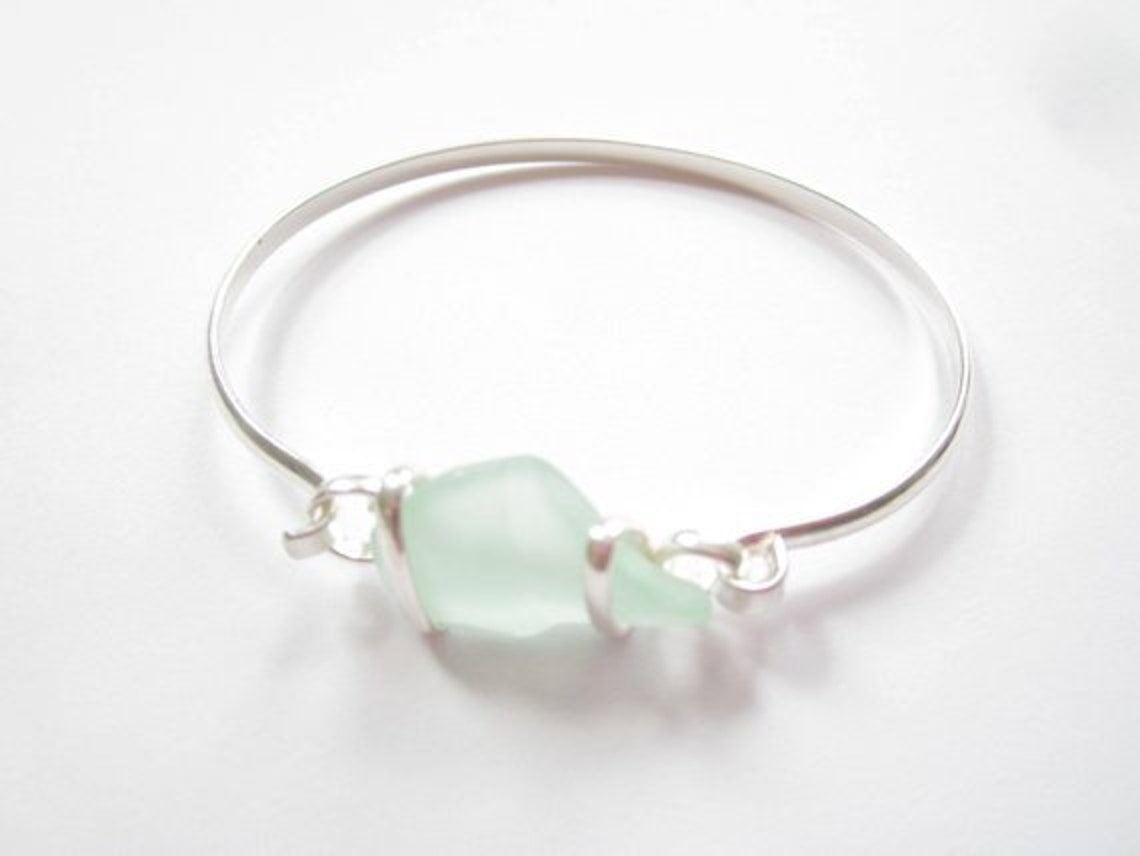 Sea Glass Bracelet-silver Plated Bangle With Sea Foam Sea - Etsy