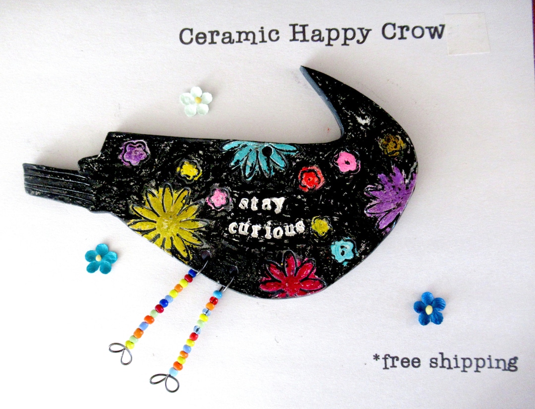 Wall Hanging Ceramic Happy Crow, Pottery Wall Plaque Crow, Whimsical ...