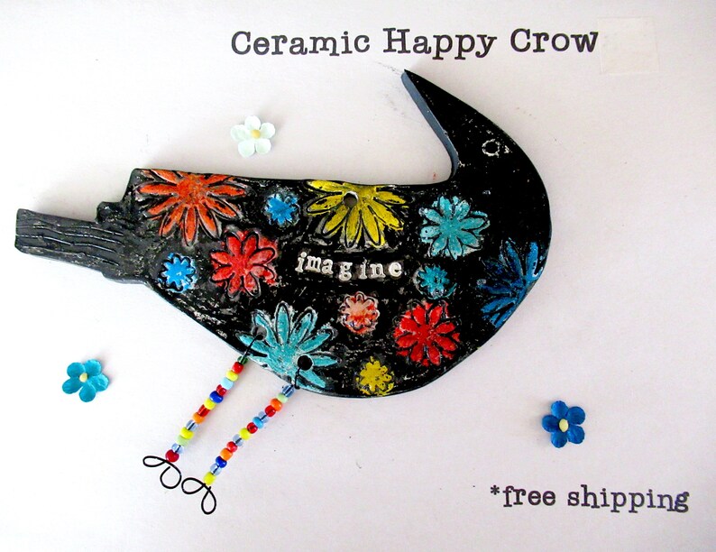 Wall Hanging Ceramic Happy Crow, Pottery Wall Plaque Crow, Whimsical ...