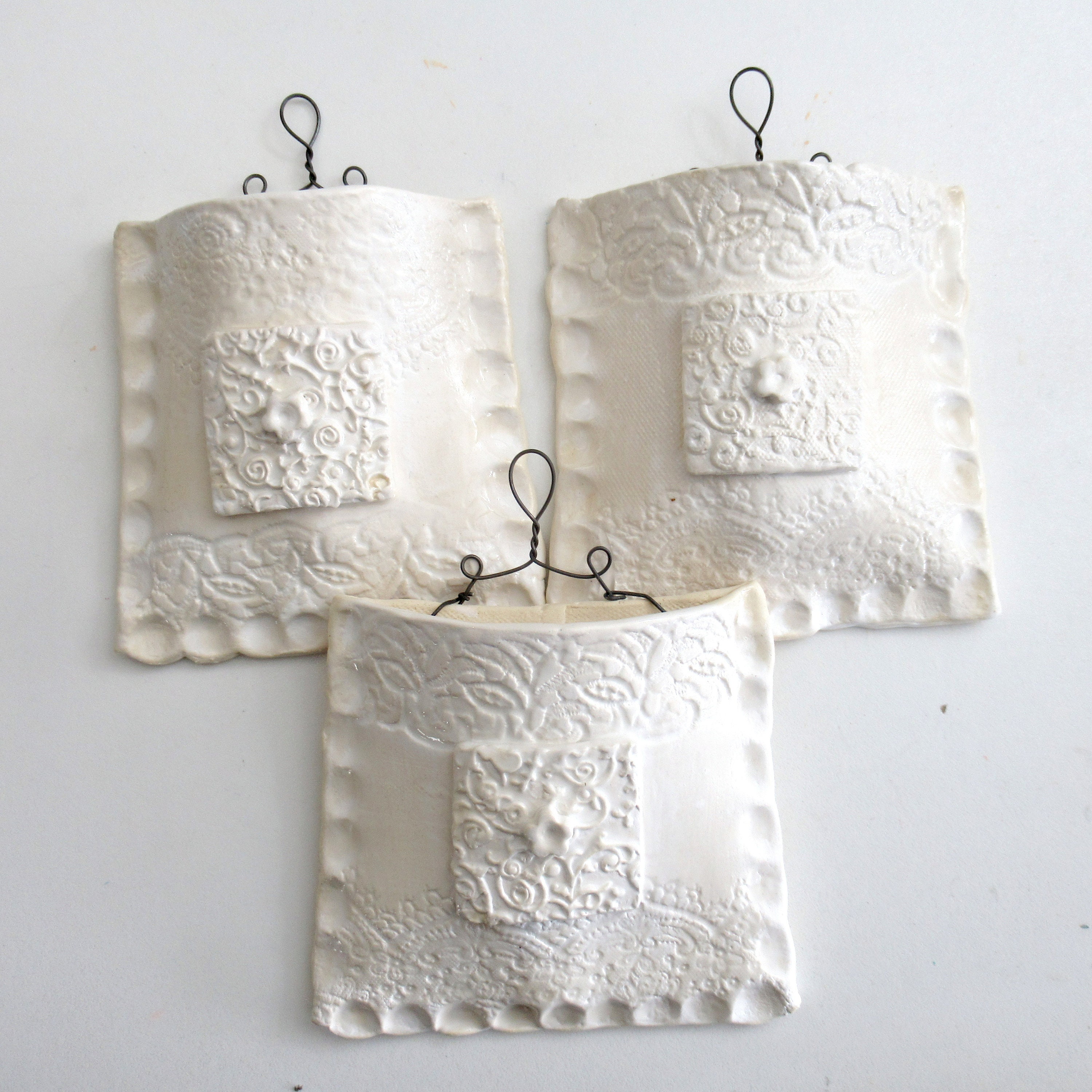 Hand Made Farmhouse Country Ceramic Wall Pockets, White Wall Pocket ...