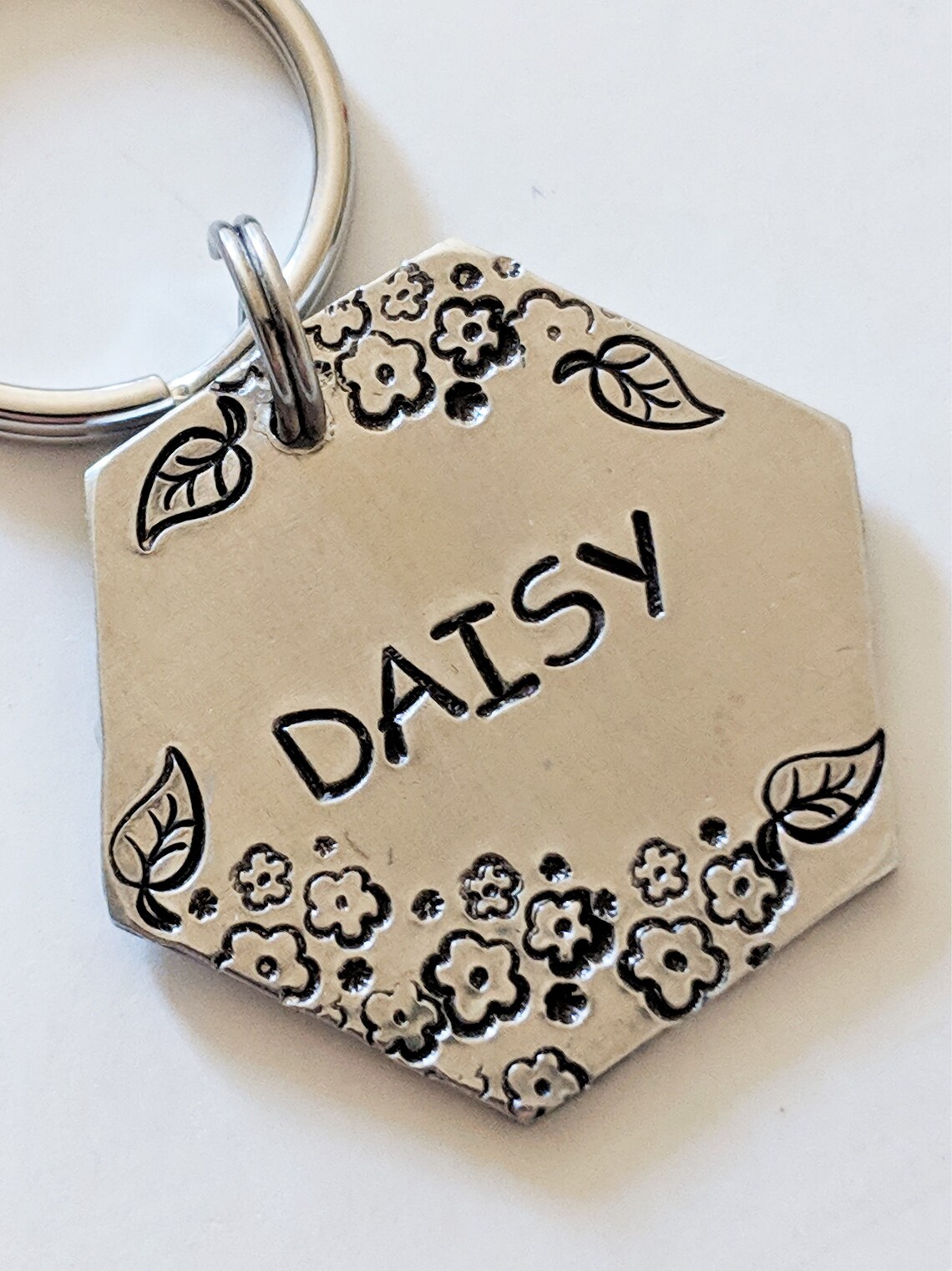 Large Girl Dog Tag - Hexagon Dog Tag With Flowers - Aluminum Dog Tag ...