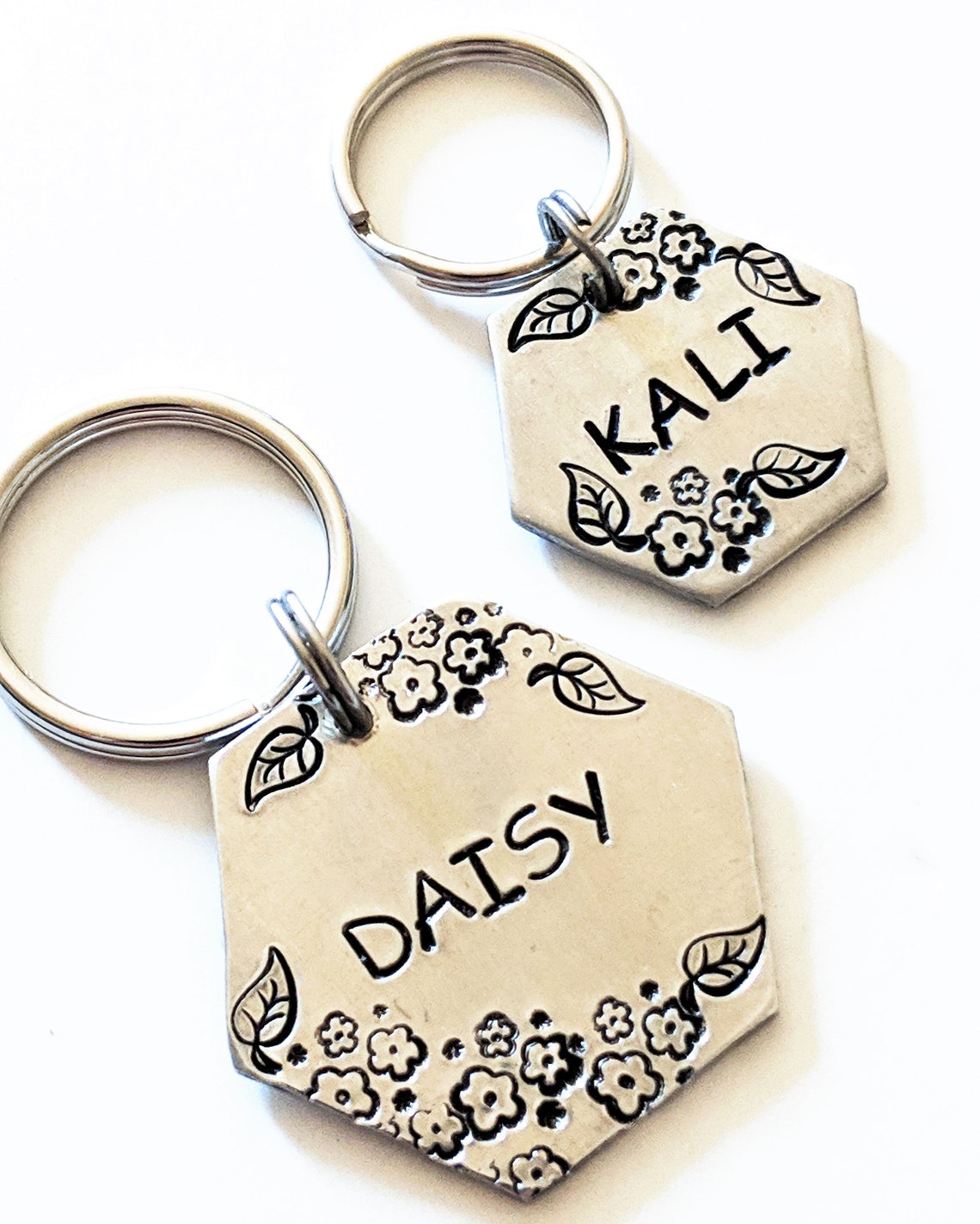 Large Girl Dog Tag - Hexagon Dog Tag With Flowers - Aluminum Dog Tag ...