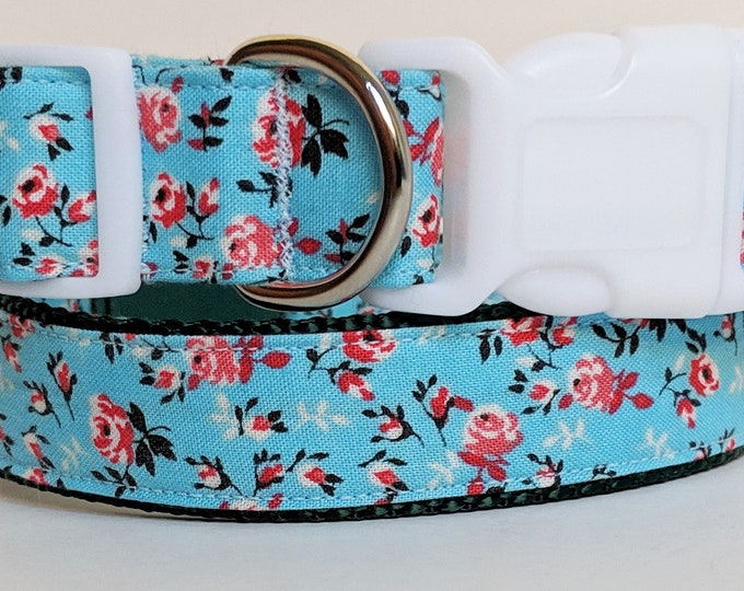 Pretty Girl Dog Collar and optional Matching Leash Blue and Pink Floral ...