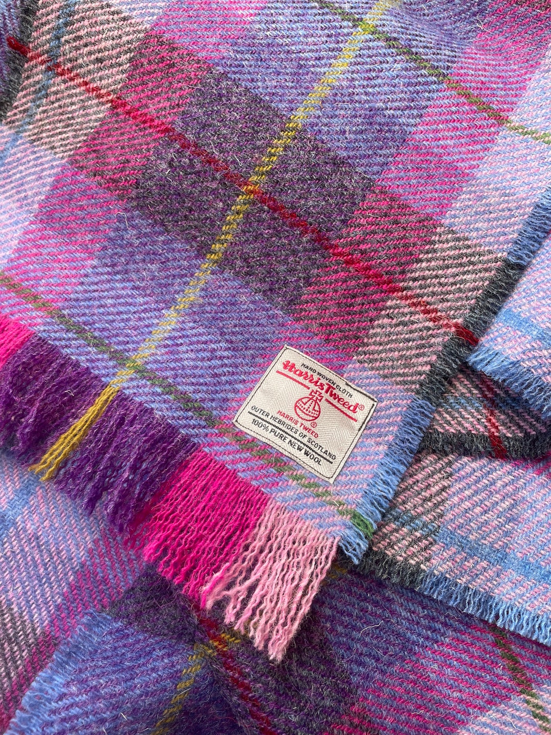 Harris Tweed Scarf Shawl Wrap Smokey Slate Purple Grey Lilac Bight Pink ...