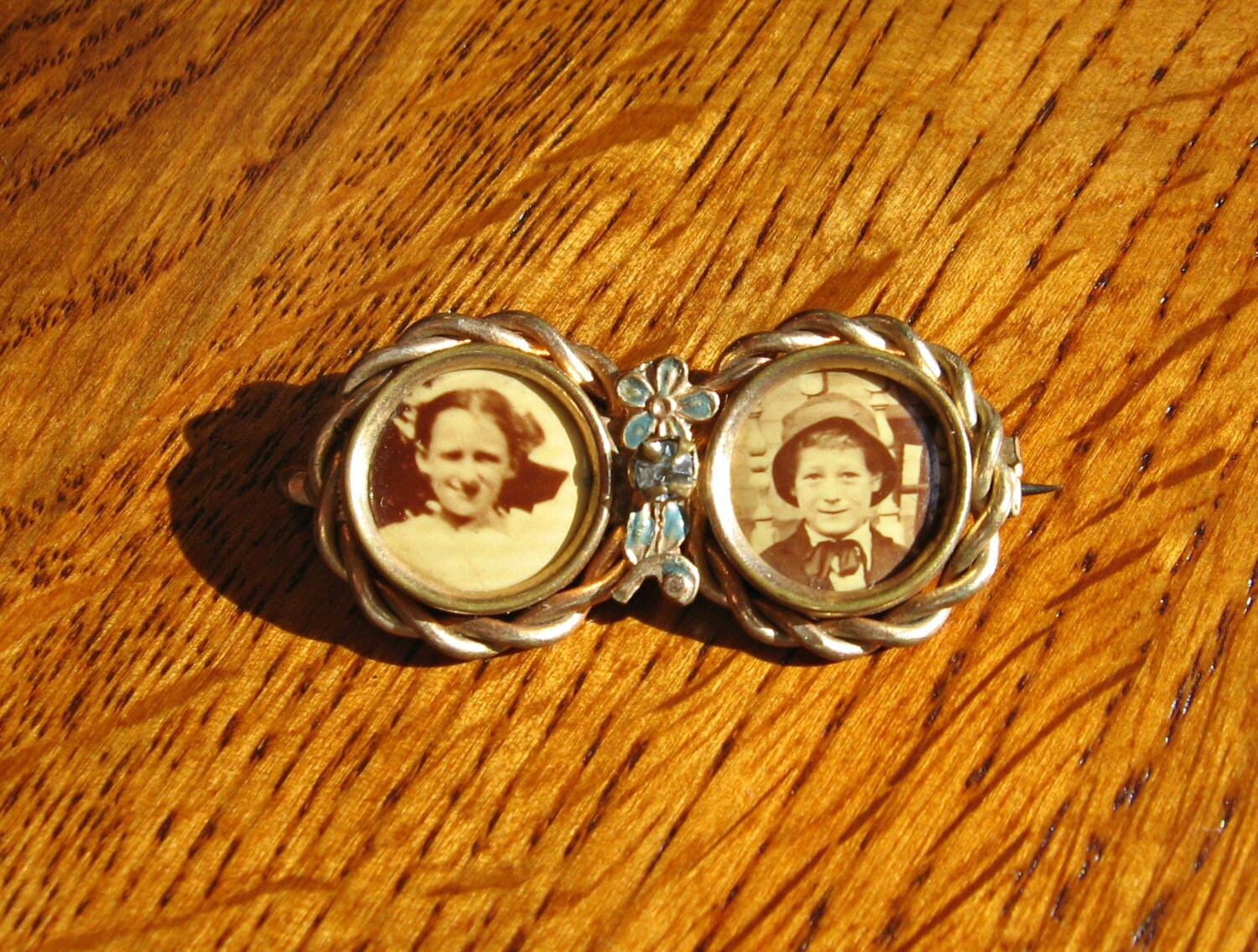 Victorian Photo Brooch of Girl and Boy With Blue Enamel Flower - Etsy