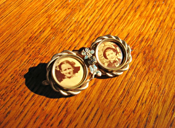 Victorian Photo Brooch of Girl and Boy with Blue Enam… - Gem