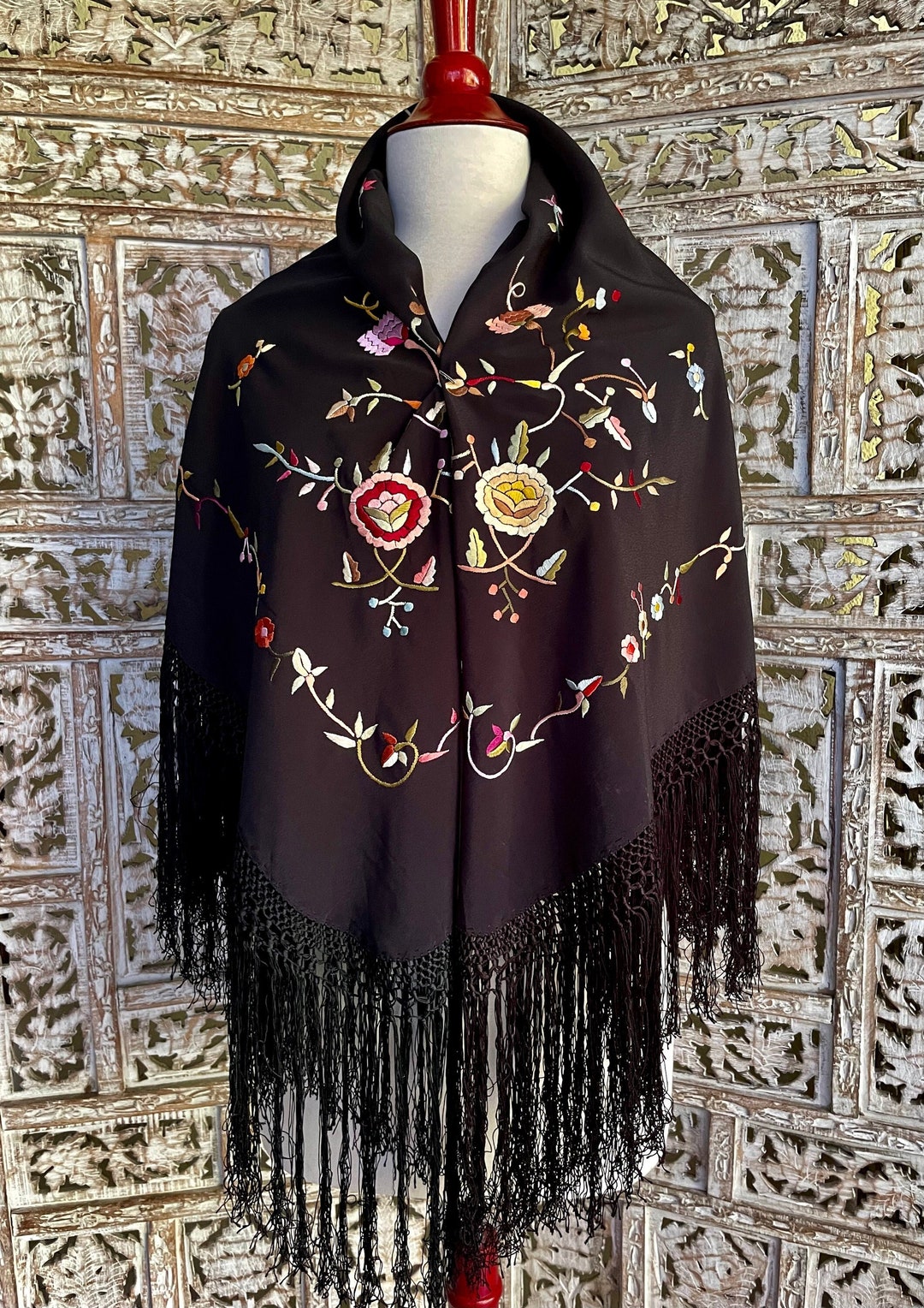 Antique Floral Piano Shawl Vintage Black Piano Shawl With Fringe and ...