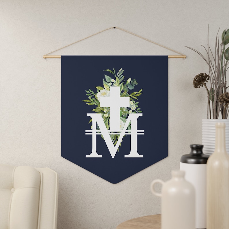 Marian Cross Banner, Auspice Maria Pennant, Catholic Wall Hanging ...
