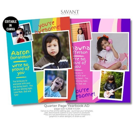 Quarter Page Bold Bright Yearbook Tribute Ad for Elementary | Etsy