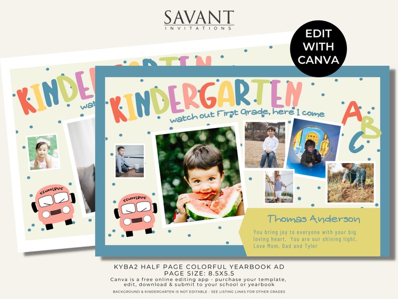 Kindergarten Half Page Yearbook Ad Template. COLORFUL YEARBOOK - Etsy