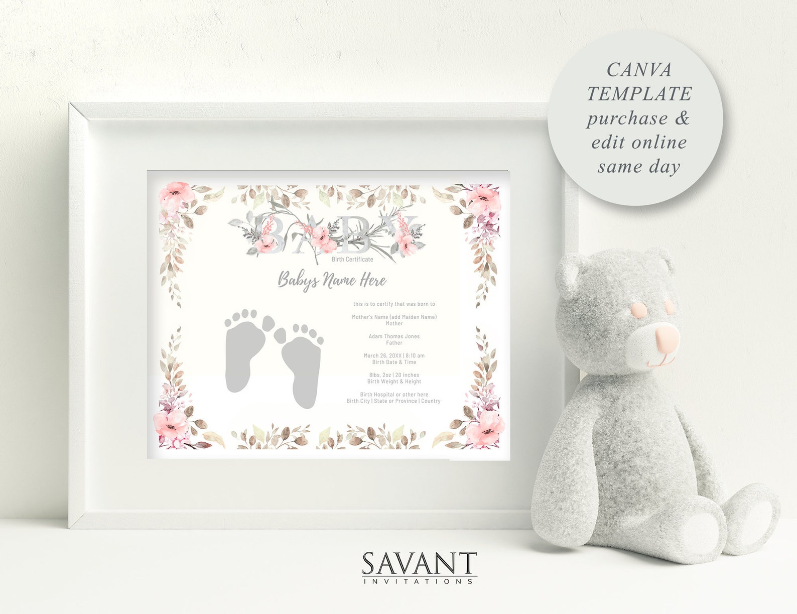 Canva Template Birth Certificate, Girl Printable Floral Birth ...