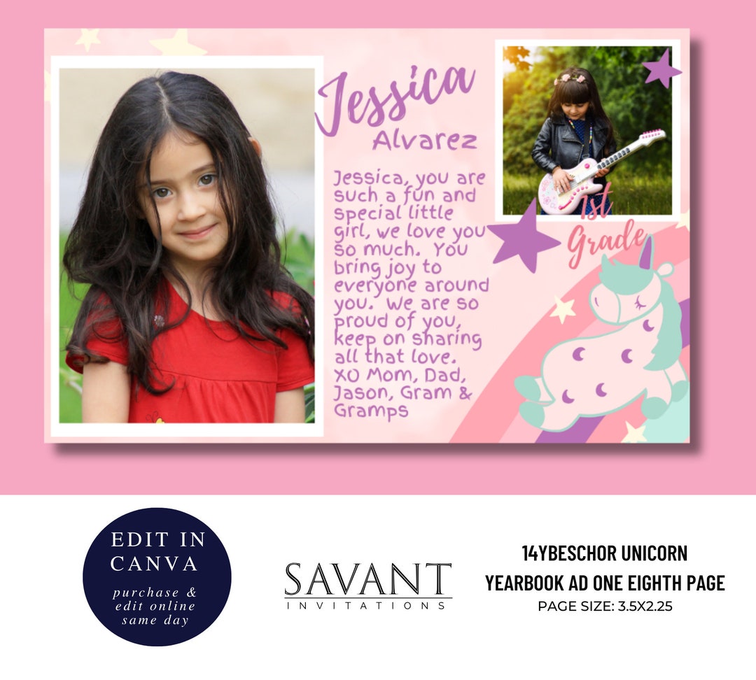 One Eighth Pink Girly Yearbook Tribute Page Template, Unicorns Stars, Parent Graduation ...