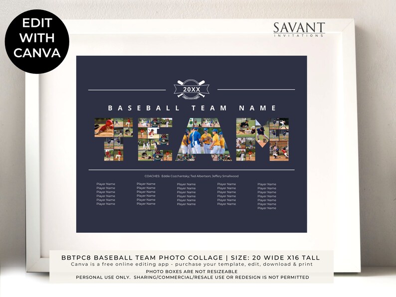 Baseball Team Photo Collage Template - Editable Team Poster, Gift for ...