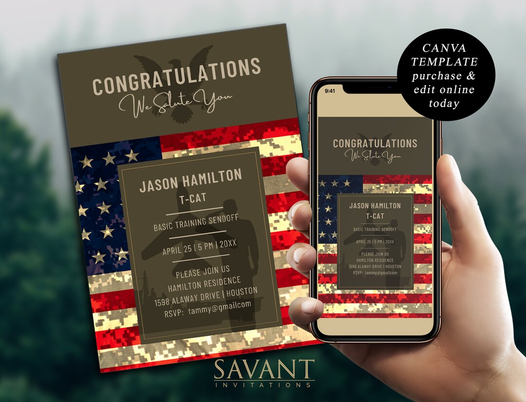 Military Party Invitation, Editable 5x7 Card and Electronic Party ...