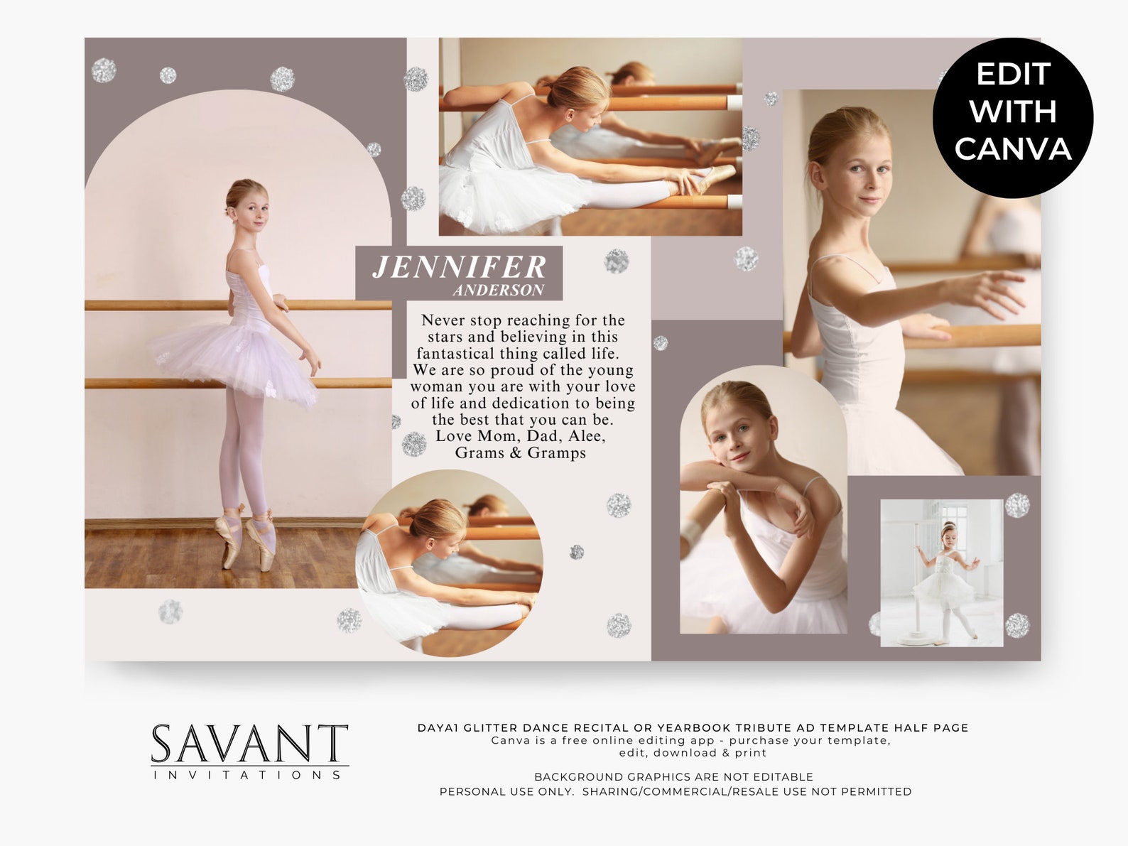 New! Glitter Dance Recital or School Yearbook Tribute Ad Template ...