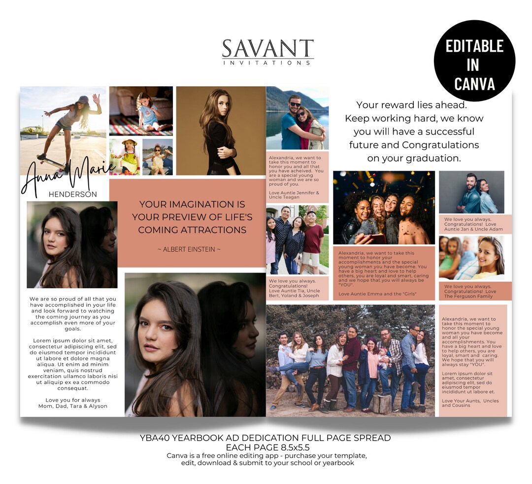 2 Page Graduation Yearbook Ad Tribute Template, Editable Canva Template ...