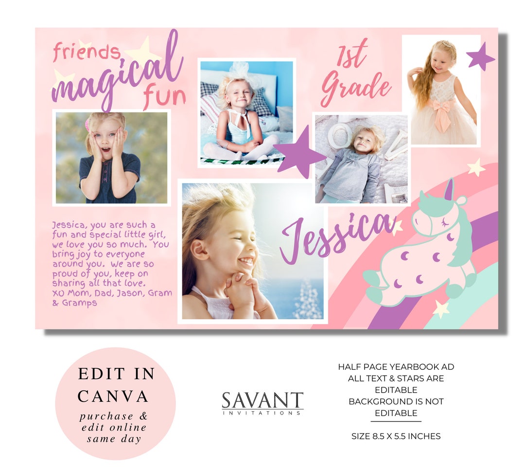 Magical Unicorn Yearbook Ad for Elementary Middle School, Half Page ...