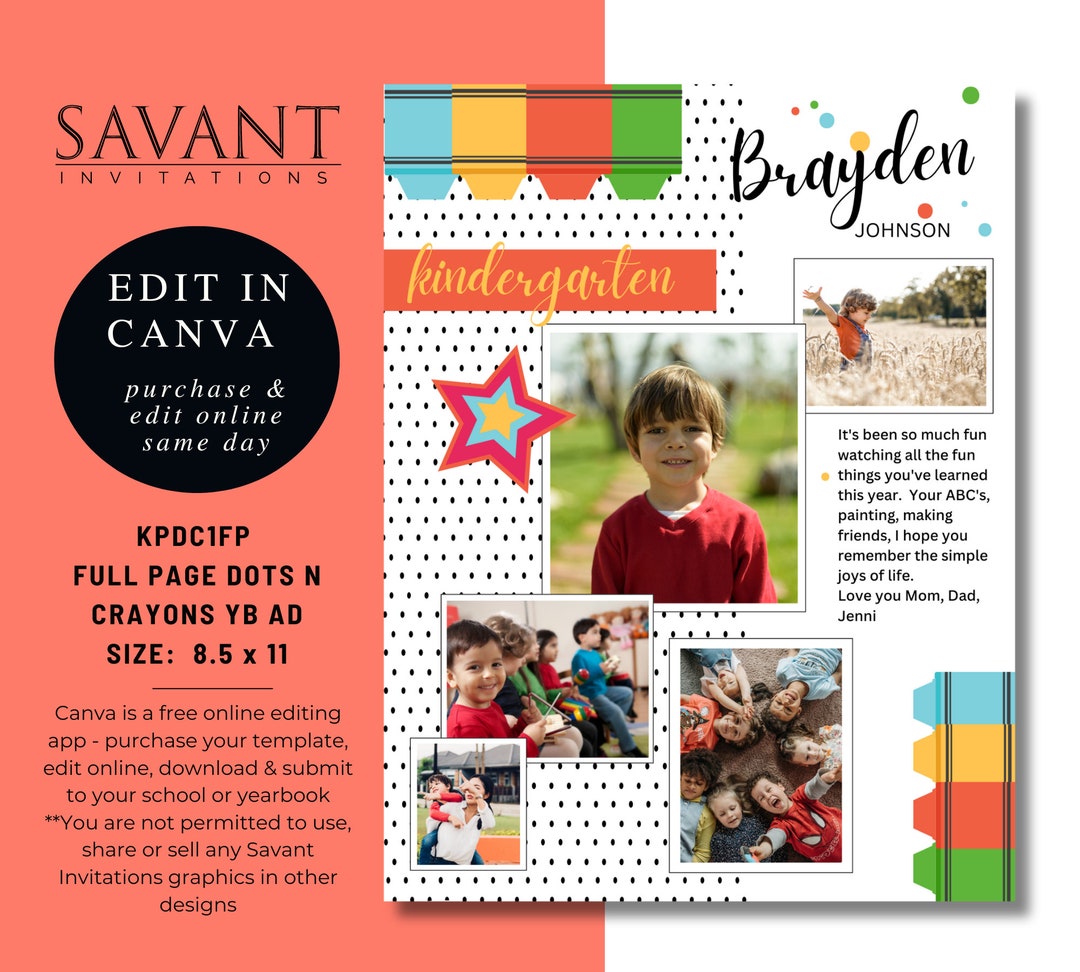 New! Full Page Kindergarten Yearbook Ad Tribute Template - Preschool ...