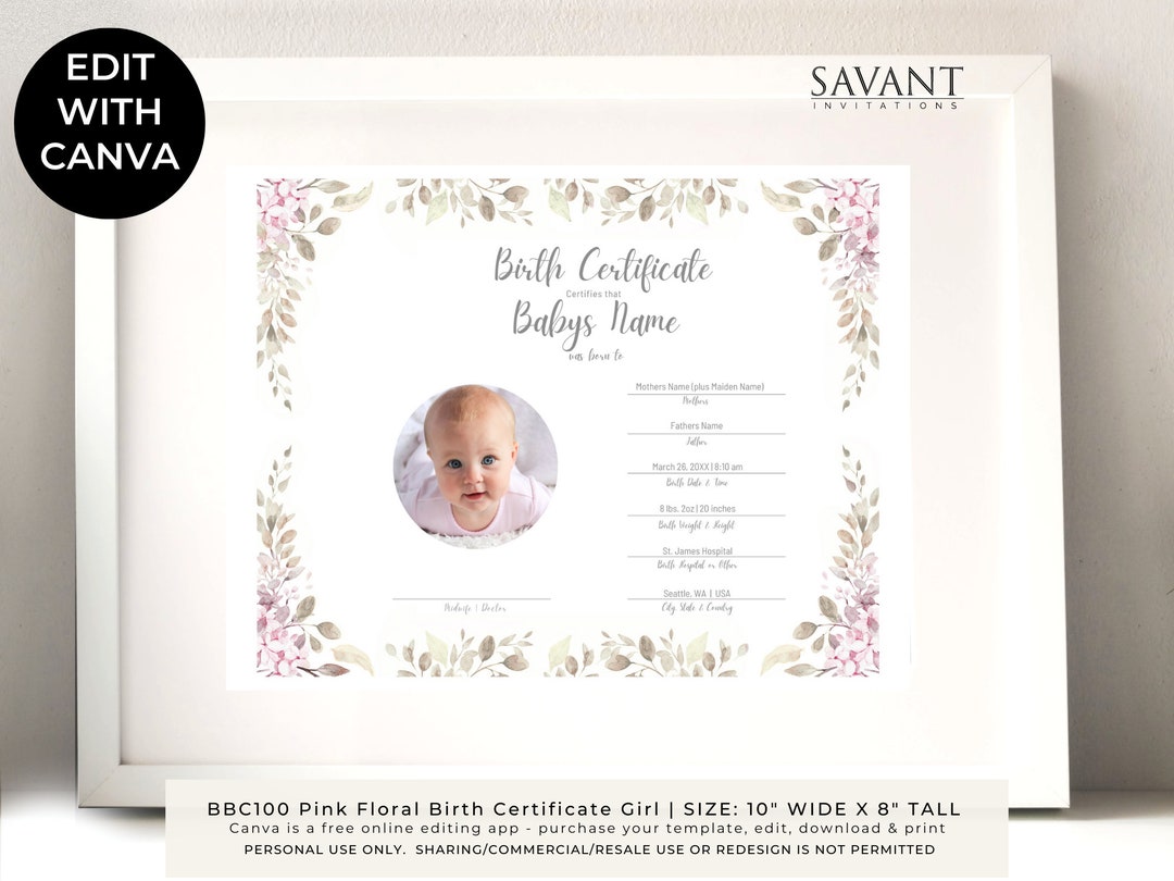 Pink Floral Printable Birth Certificate for a Newborn Girl - Etsy